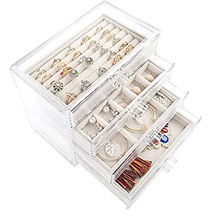Mebbay Acrylic Jewelry Box with 4 Drawers, Velvet Jewelry Organizer for Earring Necklace Ring & Bracelet, Clear Jewelry Display Storage Case Gift for Woman, Girls Beige White 9.4"x5.3"x7.7"