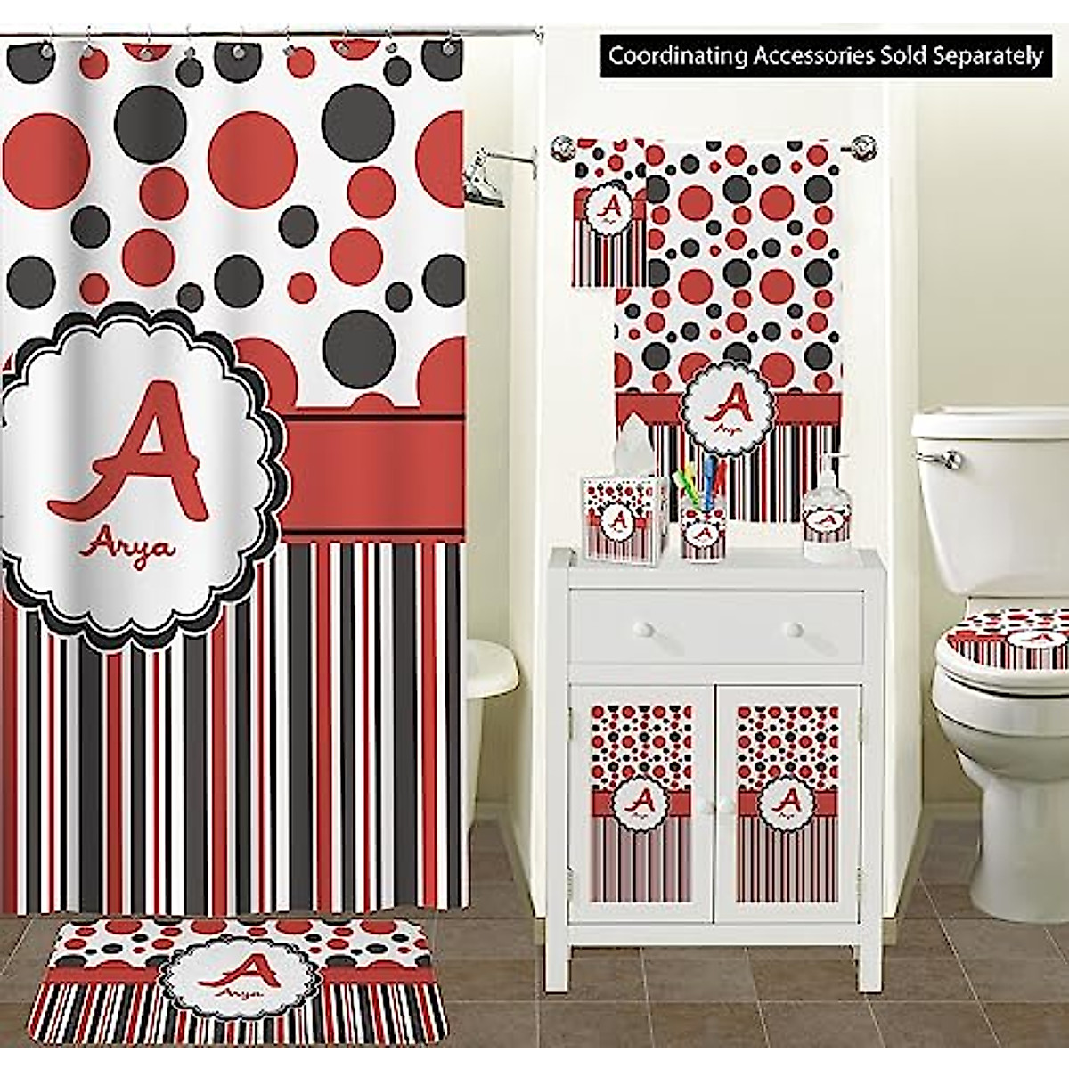 RNK Shops Red & Black Dots & Stripes Waste Basket - Single Sided (Black) (Personalized)