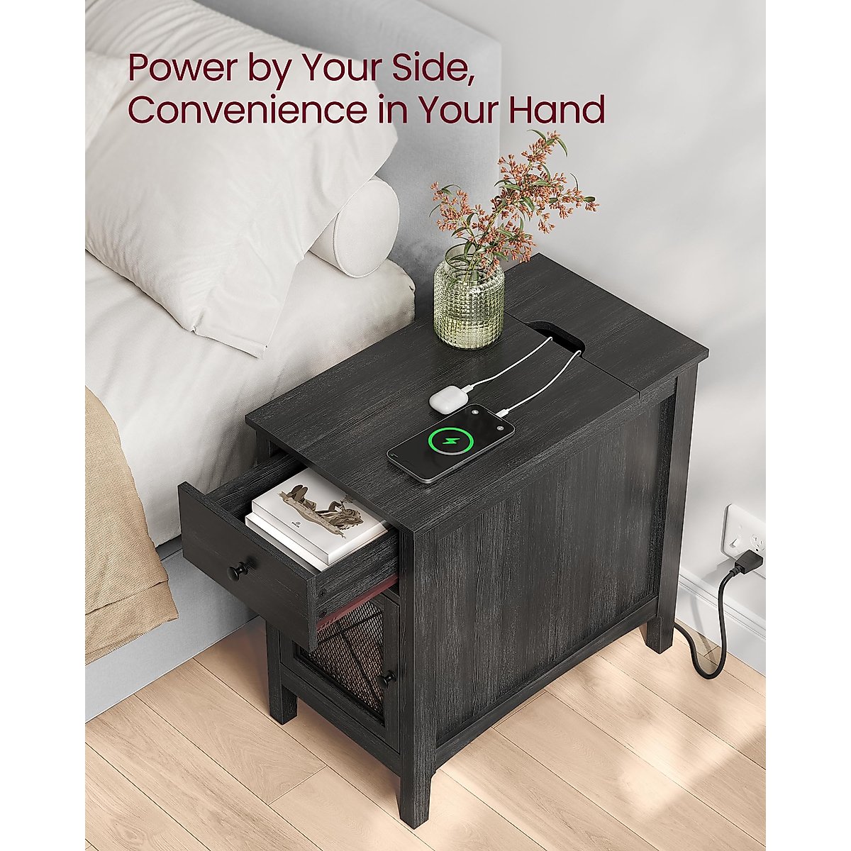 VASAGLE Side Table with Storage, End Table with USB Ports and Outlets, Nightstand with Charging Station, Drawer, Storage Cabinet, Magazine Rack, for Living Room, Bedroom, Charcoal Gray ULET312T22