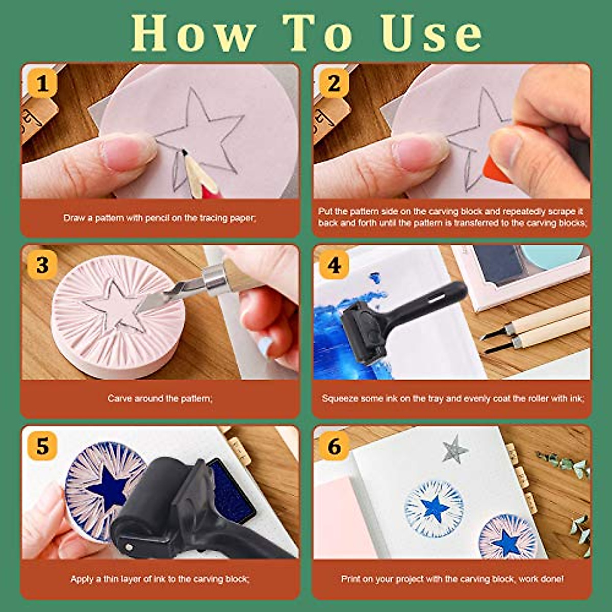 Keadic 12Pcs Soft Rubber Carving Blocks Kit, Comes with Linoleum Cutter Tools & 2 Inches Rubber Roller Brayer Rollers Glue Roller for Ink Paint Block Stamping, Printmaking Wallpaper and Arts & Crafts