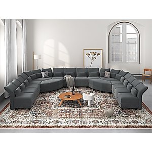 LLappuil Oversized Modular Sectional Sofa 214.6" 16-Seater U Shaped Couch with Large Storage Chaise, Velvet High Back Recliner Couches with Big Ottoman for Living Room, Grey