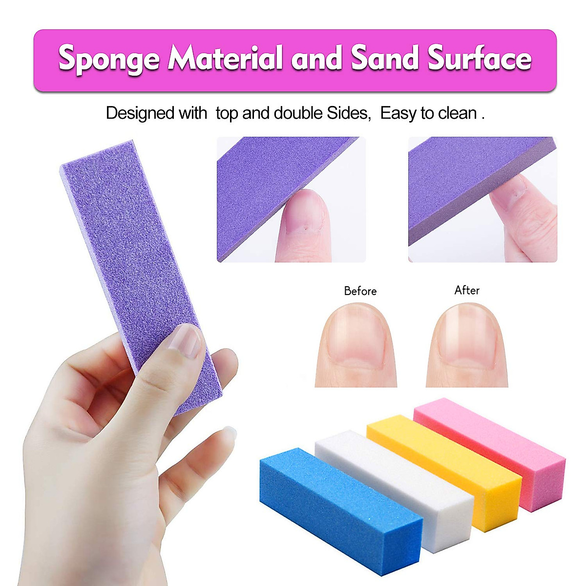 Nail File and Buffer, Wosweet Professional Manicure Tools Kit 6pcs Rectangular Art Care Buffer Block 6pcs 100/180 Grit Doublesided Nail Files 1pcs Purple 180/240 Emery Board