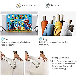 Super Brother Cartoon Backdrop Gold Coin Video Game Background Mushroom Blue Happy Birthday Backdrop for Kids Baby Shower Party Supplies Cake Table Banner Photo Booth Studio Props 5X3FT