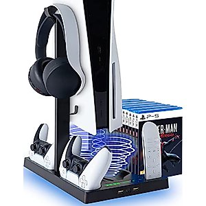 HAPROUND PS5 Vertical Stand with Cooling Fan and Dual Controller Charger - Indicator Lamps and 15 Game Slots, Fast Cooling Through Metal Base, PS5 Console Compatible