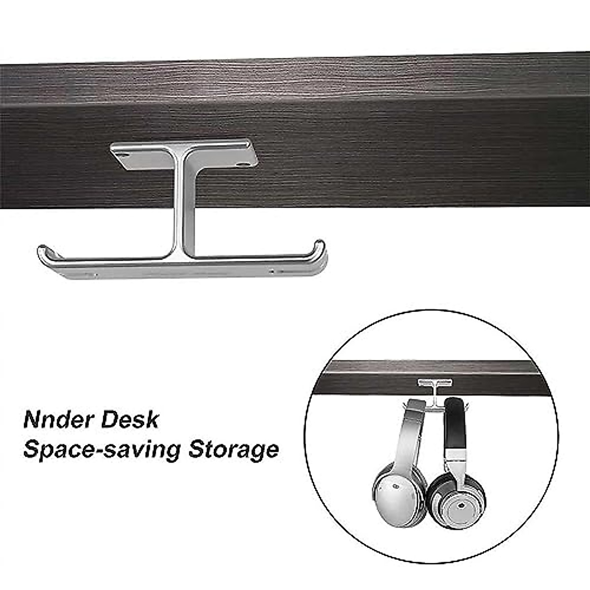 GOGUY Under Desk Hook Aluminum Stick-On Adhesive Dual Headsets Holder Mount PC Gaming Accessories, Headphone Stand with Cable Organizer,Black