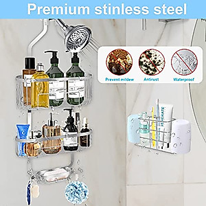 homyfort Shower Caddy Rack Over Shower Head Suction Cup and Toothbrush,cup Holder for Razor and Sponge-Shampoo Soap Organizer,Rustproof Stainless Steel, Silver(2 PACK)