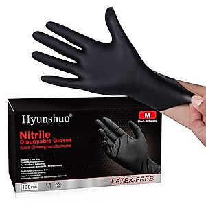 Hyunshuo Nitrile Gloves Black Puncture Resistance Disposable Gloves, 5 Mil Latex Free Powder Free Food Prep Work Gloves, High Durability for Cooking, Cleaning, Gardening (Box / 100)