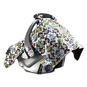 Dear Baby Gear Deluxe Car Seat Canopy - Double Layer Infant Car Seat Cover - Soft and Breathable - Multi Colored Mischievous Monkeys Print/Brown Dot - 30" x 40"