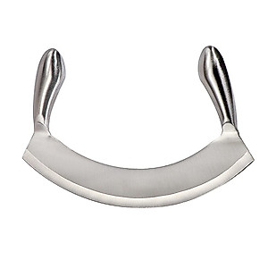 8.7 Inch Mezzaluna Knife With Wood Cutting Board - Stainless Steel Salad Chopper Rocker Pizza Cutter Rocker Knife Curved Blade Sharp Blade Double Handle Fruit Vegetable Mincing Knife