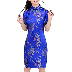 AwarFy Infant Toddler Big Kids Short Sleeve Stand Up Collar Plated Buckle Chinese Cheongsam New Year's Gown (Blue, 6-12 Months)