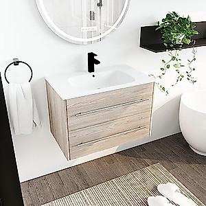 QuixotYDDZ 30" Wall-Mounted Bathroom Vanity Cabinet with Gel Sink Top, Single Sink Floating Bathroom Vanity with Two Drawers, Bathroom Storage Cabinet for Small Space, White Oak