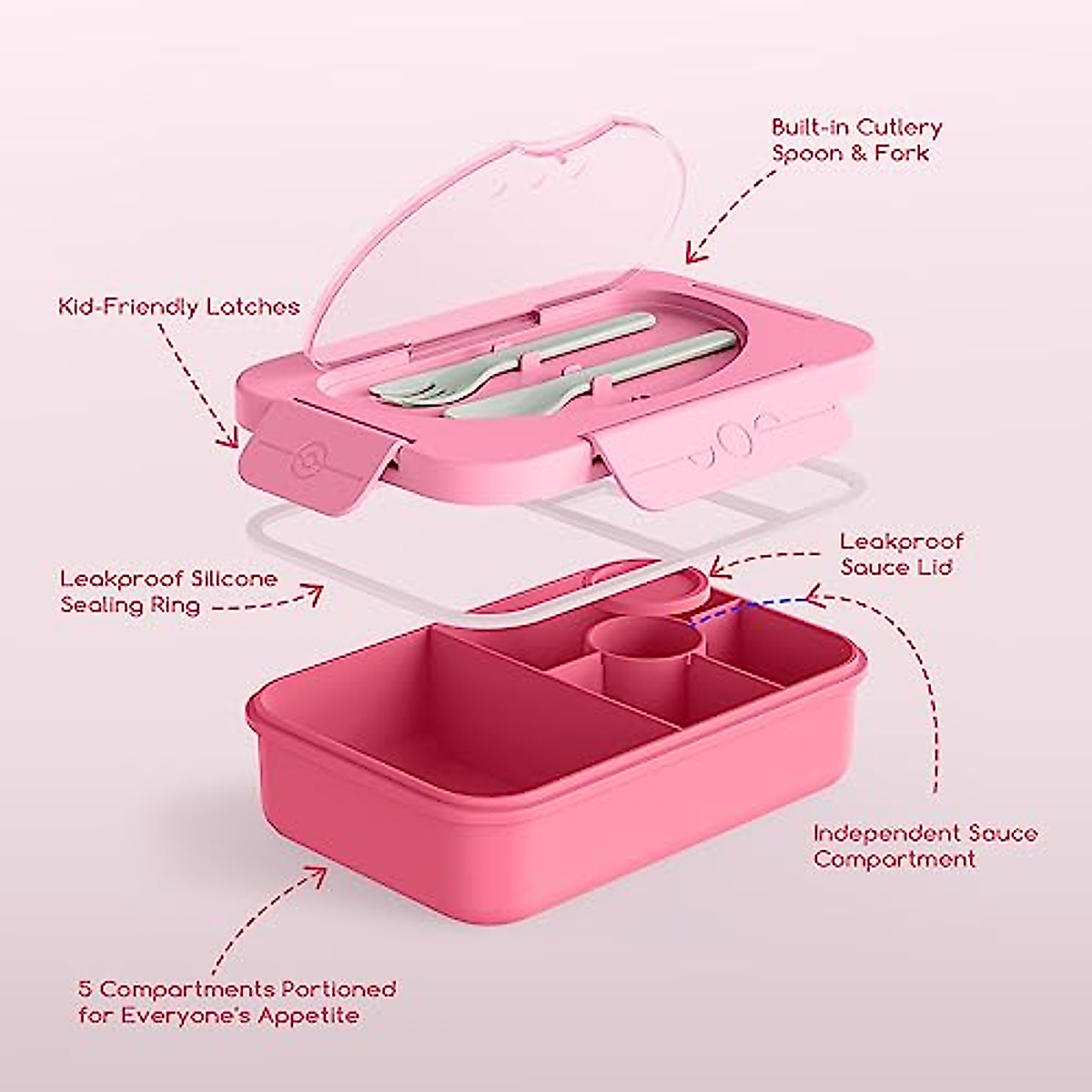 Lunch Box Kids, Bento Box, 1350ML Bento Lunch Box for Kids, Lunch Containers with 5 Compartments Utensils Food Picks Cake Cups, Leak-proof Bento Box Adult Lunch Box for Boys Girls Toddler, Pink