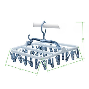 Trrcylp Clothes Drying Racks Collapsible Clip Hangers Plastic with 32 Clips Windproof Hook Underwear Hanger Foldable Laundry Clip for Socks Bras Blue