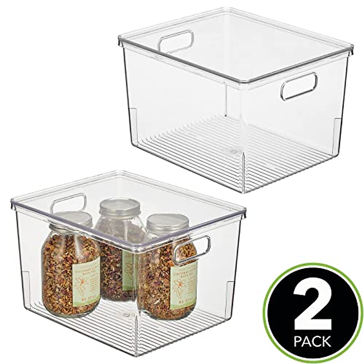 mDesign Large Plastic Stackable Bathroom Cabinet Storage Bin Box with Handles/Lid, Drawer Stacking Organizer for Soap, Lotion, Towels, and Accessories, Ligne Collection, 2 Pack, Clear