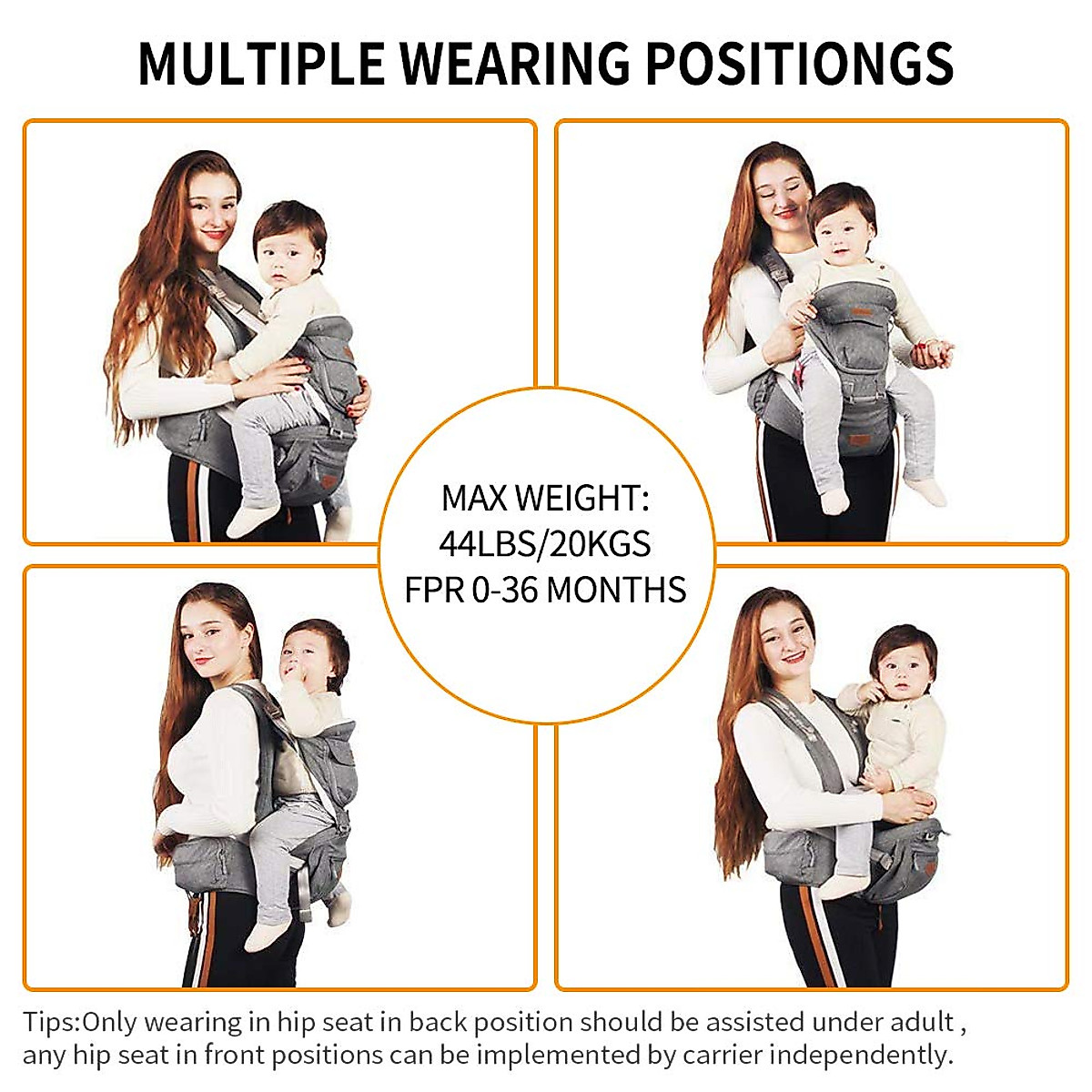 JooBebe Baby Hip Seat Carrier - 6 in 1 Front Back Breathable Polyester Ergonomic Hipseat Infant Backpack Carrier with Adjustable Straps Detachable Hood for Newborn 4 to 36 Months,4 Season/Gray