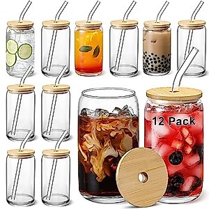 [ 12pcs Set ] Glass Cups with Bamboo Lids and Glass Straw - Beer Can Shaped Drinking Glasses, 16 oz Iced Coffee Glasses, Cute Tumbler Cup for Smoothie, Boba Tea, Whiskey, Water - 4 Cleaning Brushes