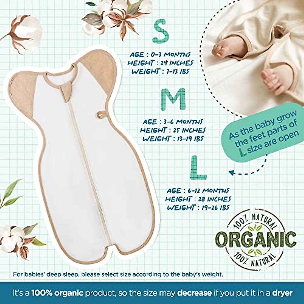 CCOCCOZAM Swaddle, Organic, Air mesh, White, Medium, 3-6 momths, 13-19 lbs, Transition Baby Sleep Sack Allow Your Baby to Sleep in a Preferred up-arm Position, Designed for Free Hand Movement