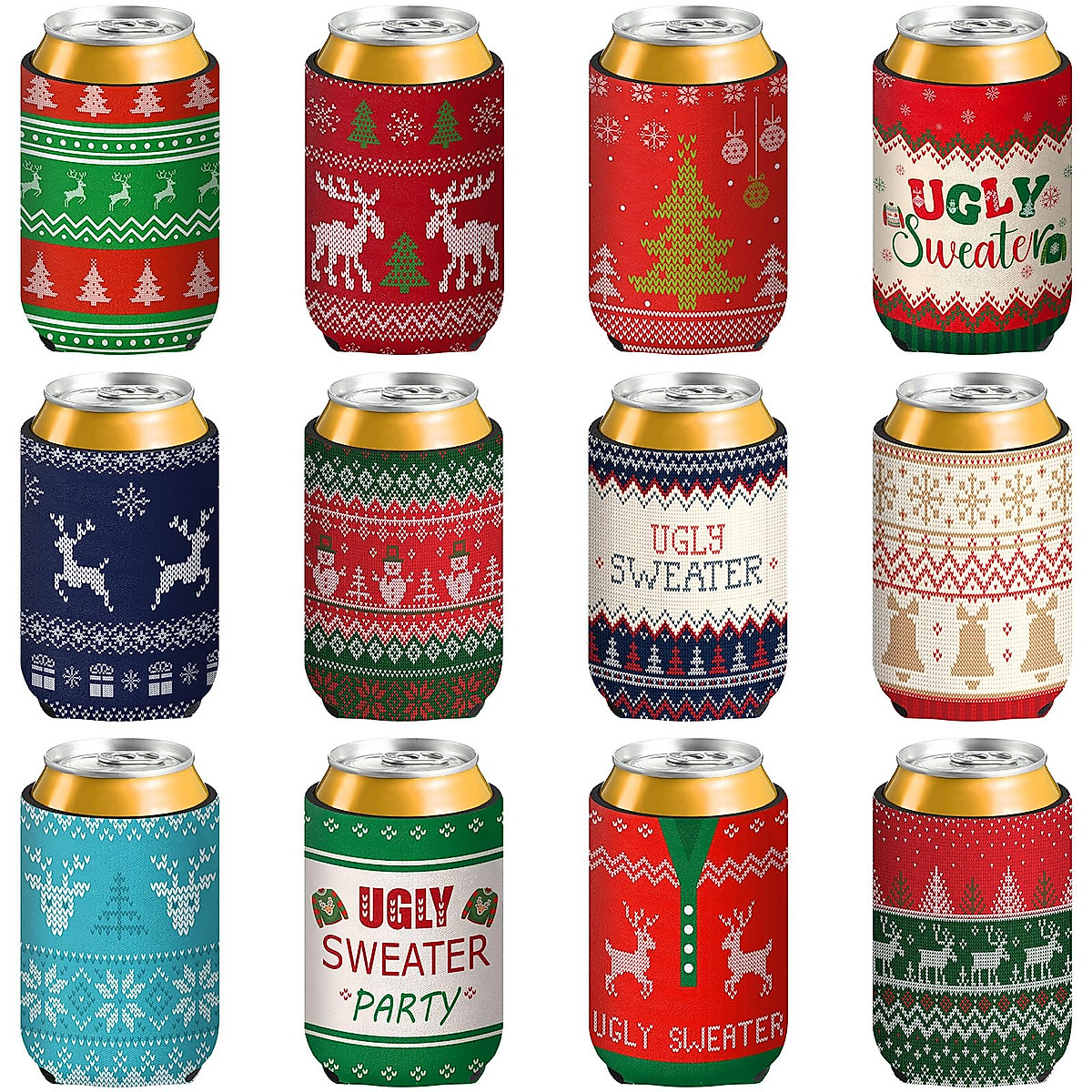 Tiamon 12 Pcs Christmas Ugly Sweater Beer Can Sleeves Xmas Can Cooler Sleeves Funny Christmas Can Covers Drink Beverages Bottle Sleeves Holiday Party Gift Decorations Supplies