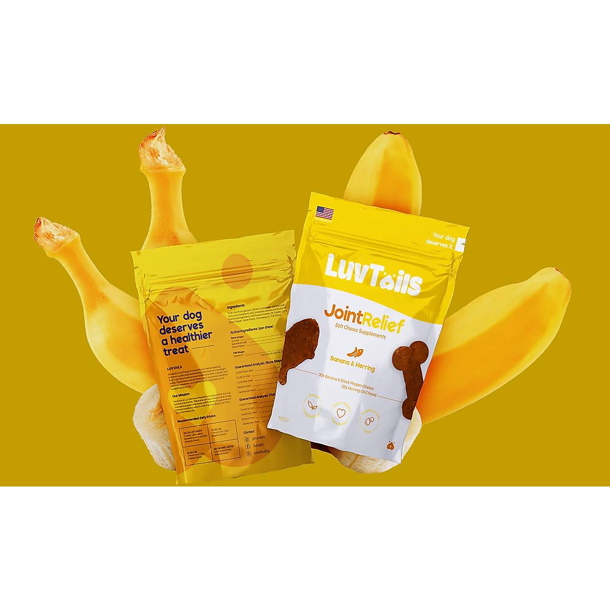 LuvTails Joint Relief Soft Chew Supplements for Dogs, Omega 3 for Dogs Chewable EPA, DHA Dog Omega 3 Supplement with Herring Oil, Turmeric, Banana Powder 60 Chews