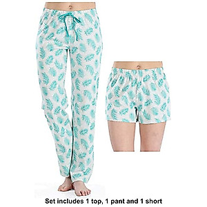 Frankie & Johnny Women's 3 Piece Knit Pajama Set - Top, Pant and Short, Short & Pant Set - Palm Tree, Medium