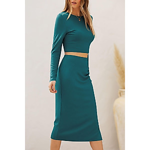 PRETTYGARDEN Womens 2024 Fall 2 Piece Outfits Track Suits Long Sleeve Crop Tops Bodycon Midi Skirt Slit Dress Matching Sets (Dark Green,Medium)