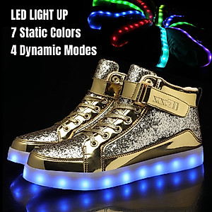 IGxx LED Light Up Shoes for Men USB Recharging High Top LED Sneakers Women Kids Glitter Gold