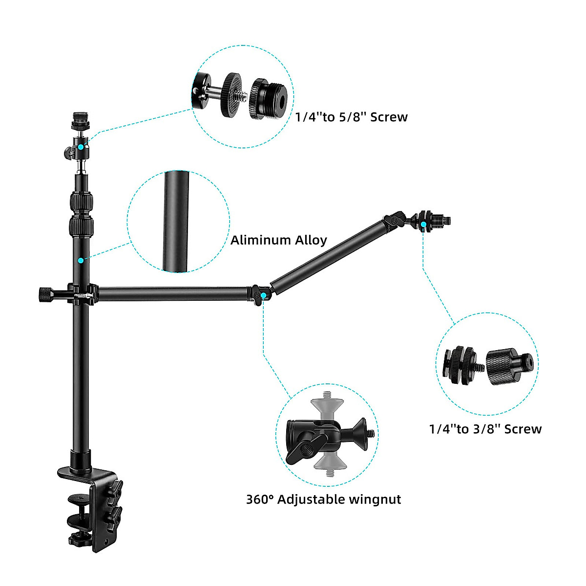 Obeamiu Desk Mount Stand with 27'' Auxiliary Holding Arm, Detachable 2-Section Magic Arm Overhead Light Stand, 16.7-40.1 in Tabletop Stand for DSLR Camera/Fill Light/Live Streaming/Webcam