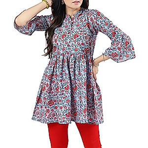 IshDeena Indian Kurti Tops for Women Indian Style Short Kurtis Kurta Boho Tunics Peasant Shirts Blouses Rayon & Cotton Silk (2X-Large/Blue Gray)
