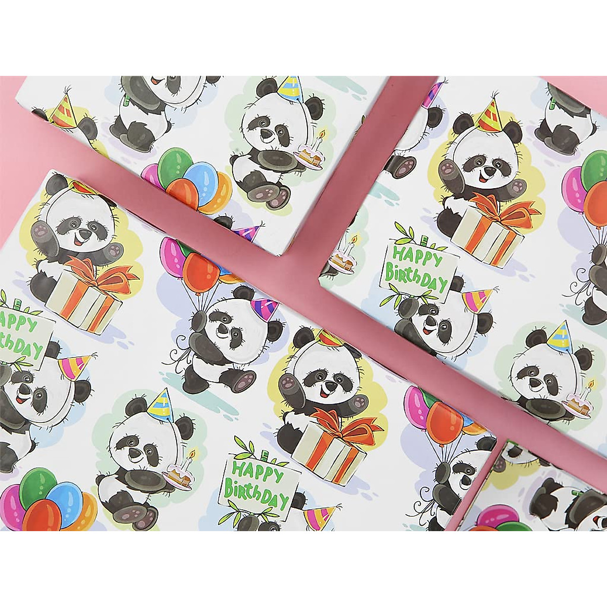 Panda Gift Wrapping Paper for Happy Birthday, Cute Pandas Balloons Wish Birthday Wrapping Paper for Baby Boys Girls Children Animal Baby Shower Kindergarten Party Xmas Gifts Wraps