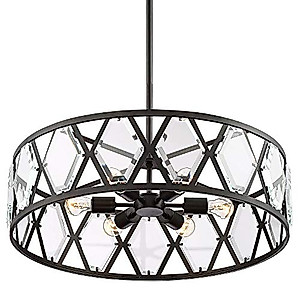 Regency Hill Lexington Black Pendant Chandelier 26" Wide Rustic Industrial Clear Crystal Glass Drum Shade 6-Light Fixture Dining Room House Foyer Entryway Kitchen Bedroom Living Room