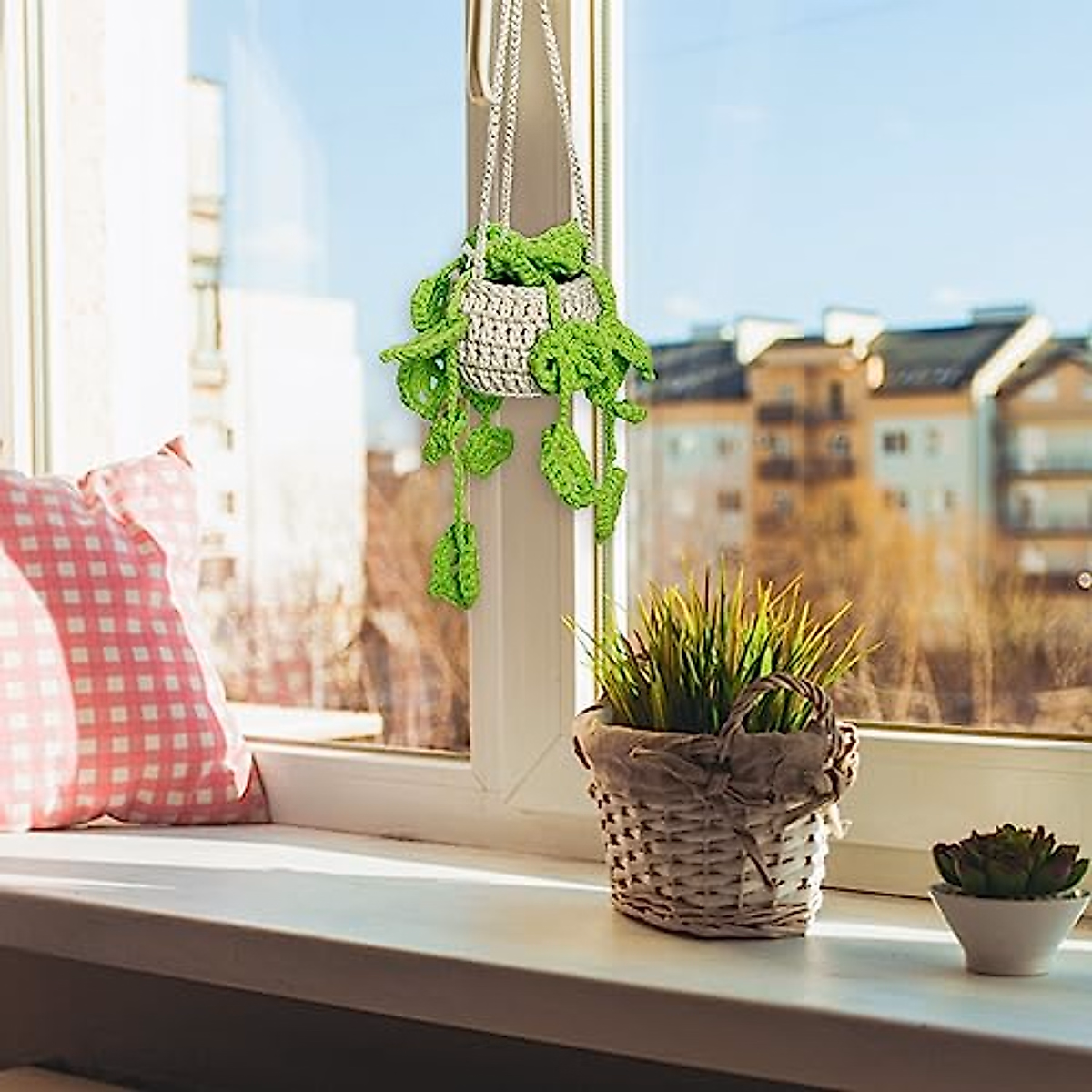 Crochet Hanging Plant for Car Cute Potted Plants Crochet Decor Car Mirror Hanging Accessories Rear View Ornament Hanging Boho Handmade Knitted Pendant (Light Green)