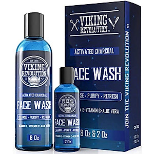 Viking Revolution Charcoal Face Wash for Men- Scrub Away Dirt and Toxins, Skin Cleaning Agent - Cleanse, Purify and Refresh - Daily Charcoal Facial Cleanser - 8 Fl Oz plus a 2 Fl Oz, 2 Piece Set