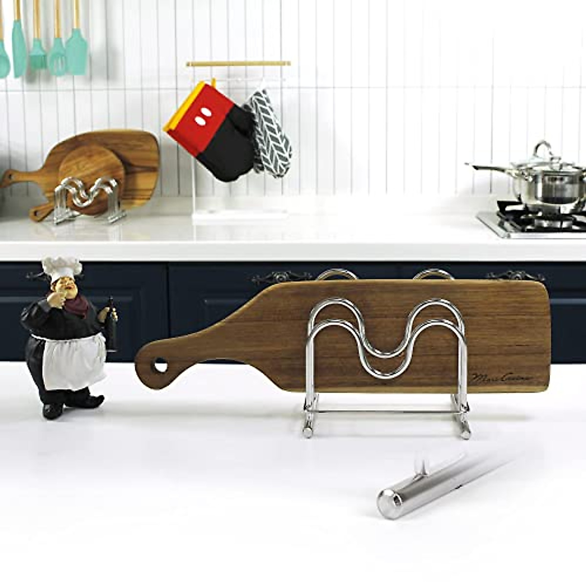 LENITH 304 Stainless Steel Wire Cutting Board Holder, Cutting Board Rack Organizer Kitchen with 2 Sectional