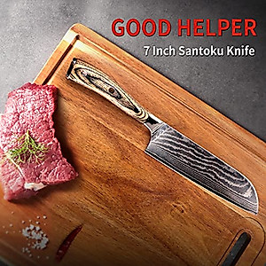 GOOD HELPER 7 Inch Santoku Knife High Carbon Damascus Kitchen Knives Stainless Steel Japanese Chef Knife Ergonomic Pakka Wood Handle Cuchillos Para Cocina with Gift Box