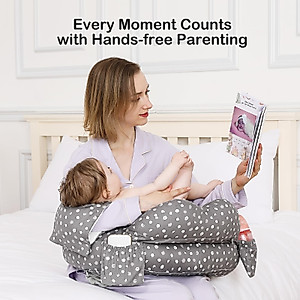 MOMTORY Nursing Pillow for Breastfeeding & Bottle Feeding Pillows 15° Tilt to Prevent Spitting Milk, Arm Pillow Support for Mom and Baby, Adjustable Waist Strap Cotton Cover, Grey