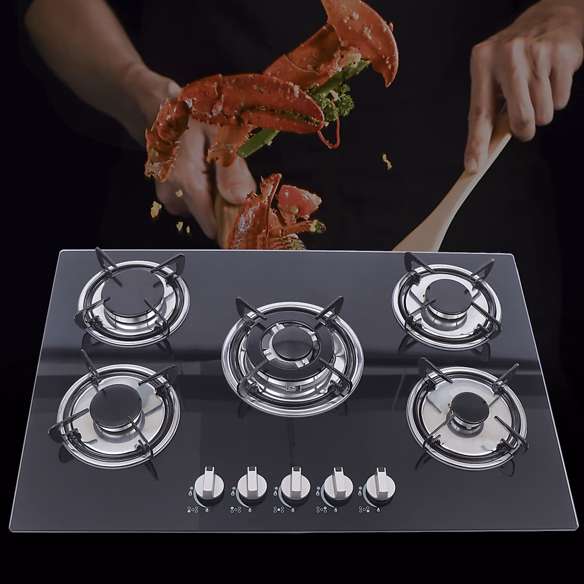 TFCFL 30'' Gas Cooktop Tempered Glass Built in Gas Stove 5 Burners, Gas Stoves Cooktop Cast Iron Grate Stove-Top LPG/NG Easy to Clean for Kitchen (30" 5 Burners)