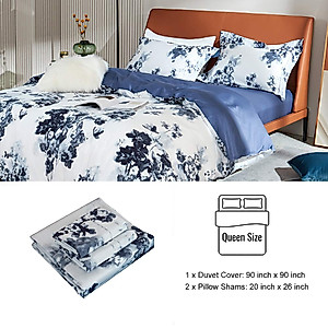 MILDLY 100% Long Staple Cotton Duvet Cover Set Navy Blue Leaves Printed Comforter Cover Set Watercolor Plant Floral