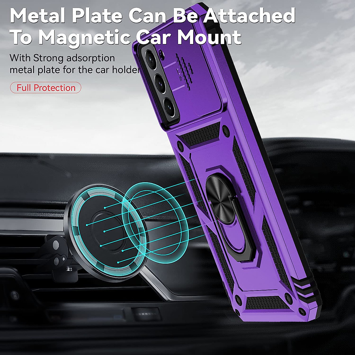 for Samsung Galaxy S21 Case with Camera Lens Cover HD Screen Protector, Dual Layer Military-Grade Drop Tested Magnetic Ring Holder Kickstand Protective Phone Case for Samsung Galaxy S21 5G (Purple)