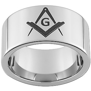 Custom Jewelry 12mm Tungsten Carbide Ring Mason Compass and Square