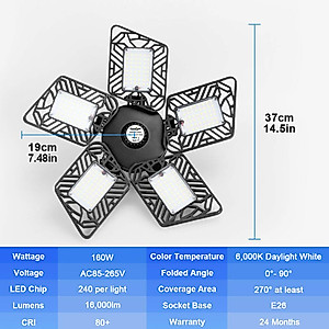 160W LED Garage Light, Super Brightness(16000LM) Garage Light with 5 Deformable LED Panels, 6000K Daylight Led Garage Ceiling Lights, Easy-Installation LED Lights for Garage,Workshop,Warehouse(2 Pack)