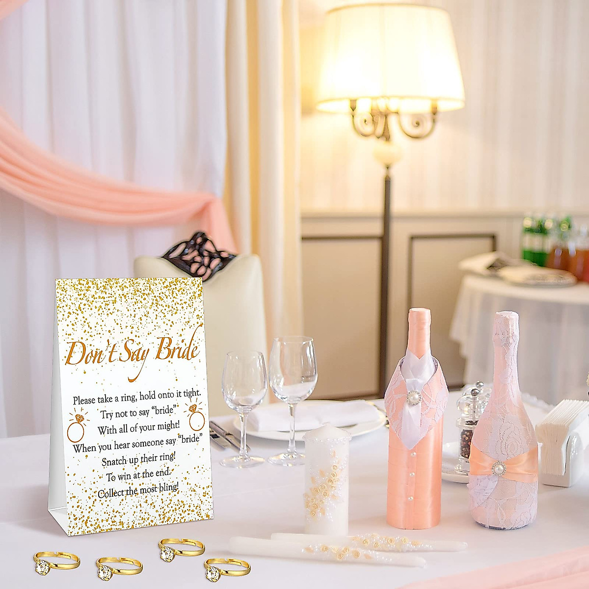 Geosar Ring Game Put a Ring on It Bridal Shower Games with Rings Dont Say Bride Game Rules and 60 Plastic Rings Bridal Shower Favors for Guests Wedding Shower Games(Gold, Confetti)