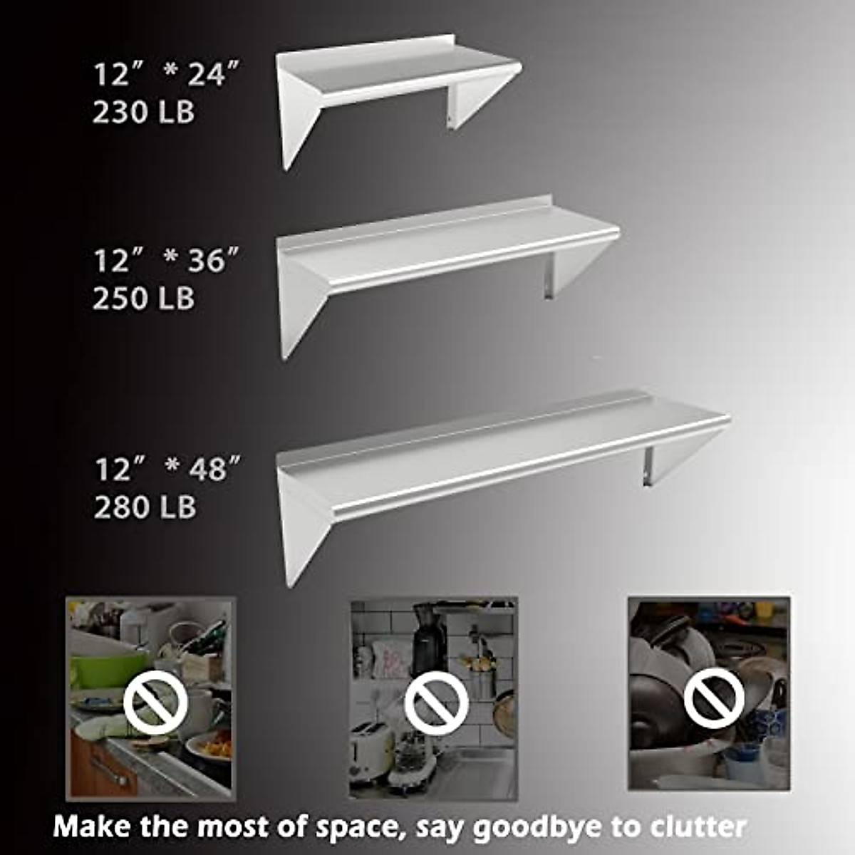 HAHAKU Wall Stainless Steel Metal Shelf 12"*48", Commercial Wall Mount ​Floating Shelving Heavy Duty 280 lbs for Restaurant, Bar, Utility Room, Kitchen and Garag