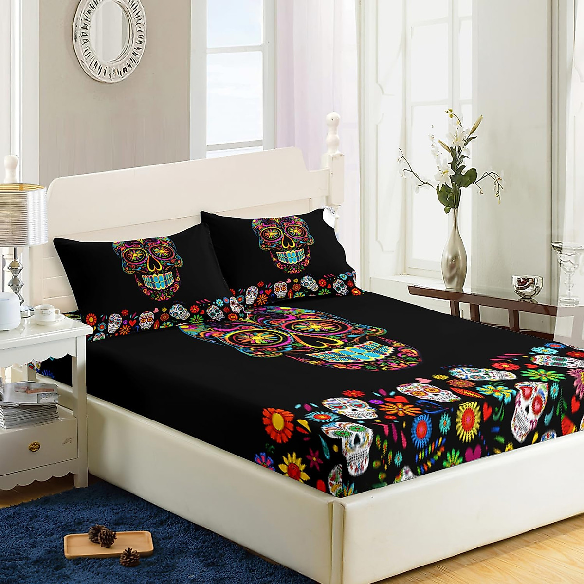 AILONEN Sugar Skull Fitted Sheet Twin Size, Skeleton Floral Print Bed Sheet Set,Gothic Bedding Set for Kids Boys Girls,Skeleton Bones BedSheets Set,1 Fitted Sheet 2 Pillowcases,3 PCS