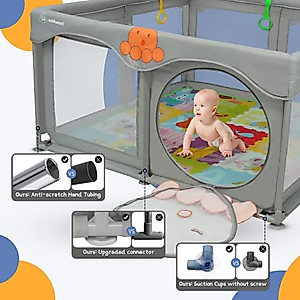 Addweet Baby Playpen for Babies and Toddlers, Cartoon Large Play Yard for Baby with Mat, Safety Playpen for Baby, Baby Play Area Indoor & Outdoor, Octopus, 50”×50” (Grey)