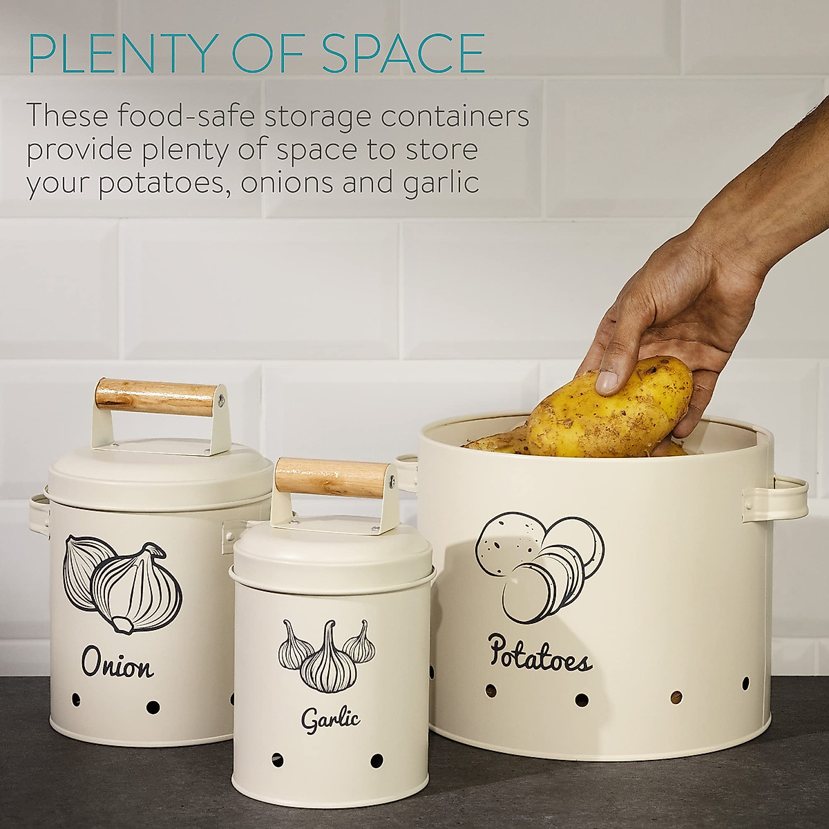 Navaris Vegetable Bins for Onions and Potatoes (Set of 3) - Potato Onion Garlic Storage Canisters Keeper Tin Containers with Wood Handles - Cream