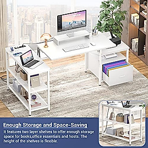Aheaplus L Shaped Desk with Power Outlet, Standing Home Office Desk with Lift Top and File Drawer, 63'' Corner Computer Desk with Monitor Stand&Printer Shelves, Gaming Desk with Led Lights, White