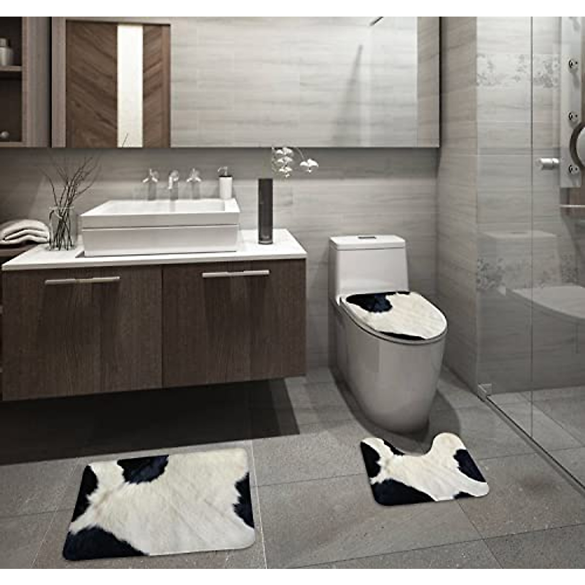 3 Pack Bath Mat Set, Cow Print Pattern Absorbent Memory Foam Soft Shower Bath Rugs Contour Mat and Lid Cover,Non Slip Velvet Bathrug,Shower Toilet Bathmats Carpet