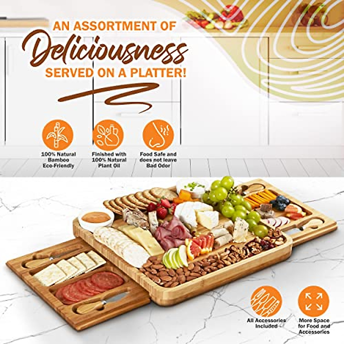 Large Charcuterie Board Set with 4x Cheese Knives, 2x Ceramic Bowls - 13x 13 Inch Bamboo Charcuterie Boards - Magnet Drawers - Bachelor Party Gift, Anniversary, Wedding Gifts for Couples - Wine It Now