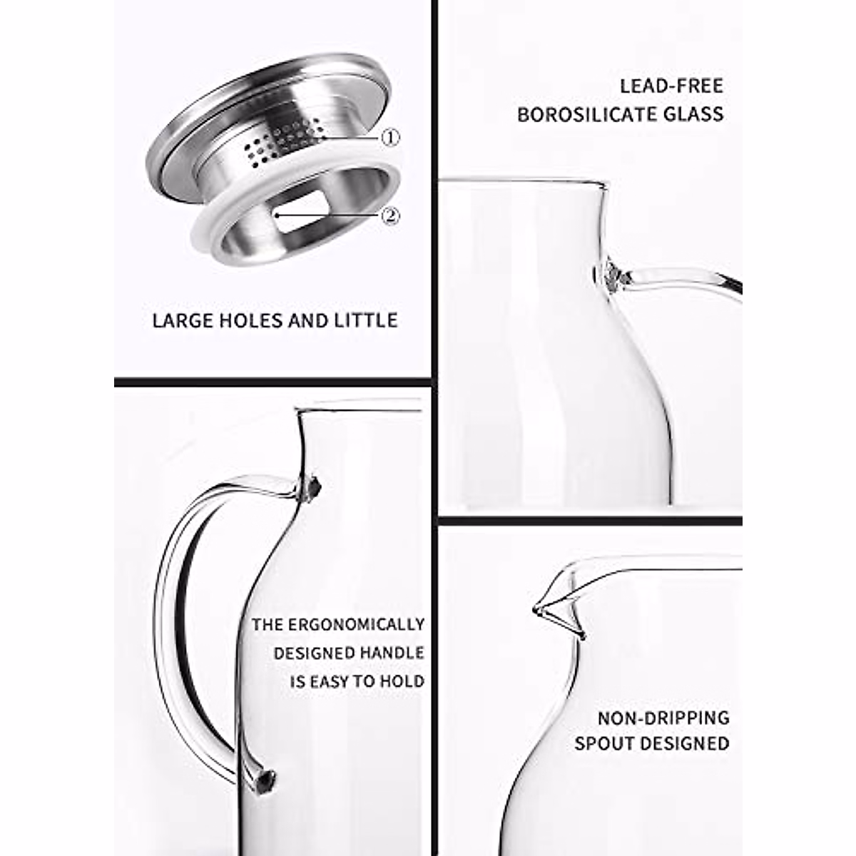 Kanwone 75oz Glass Pitcher with Stainless Steel Lid and Spout, Heat Resistant Borosilicate Glass Water Carafe for Sun Tea, Lemonade, Homemade Juice, Milk or Hot Beverages