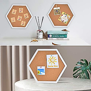 AkTop Cork Bulletin Board Hexagon 4 Pack, Small Framed Corkboard Tiles for Wall, Thick Decorative Display Boards for Home Office Decor, School Message Board with 16 Push Pin Wood Clips, White